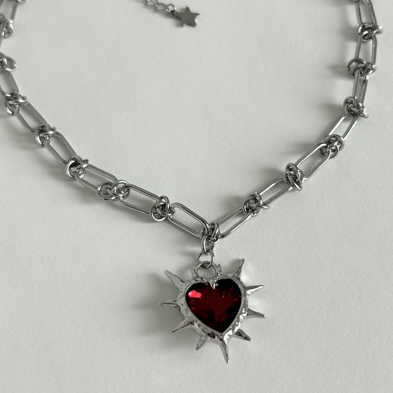 Red rhinestone spiky heart pendant necklace on... - Depop