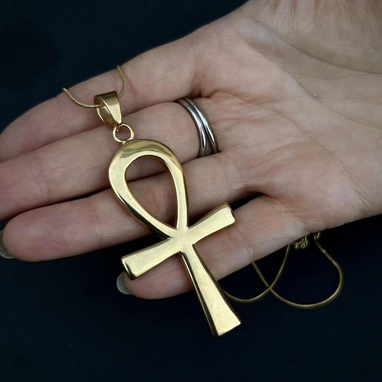 stainless steel gold chunky ankh pendant necklace on... - Depop