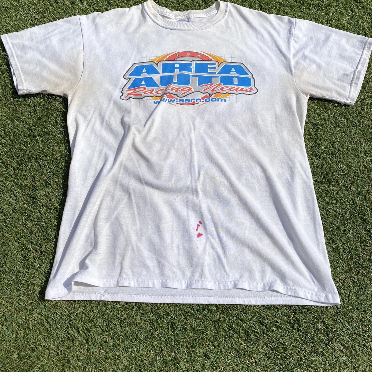 White and multi-coloured vintage racing tee racing | Depop