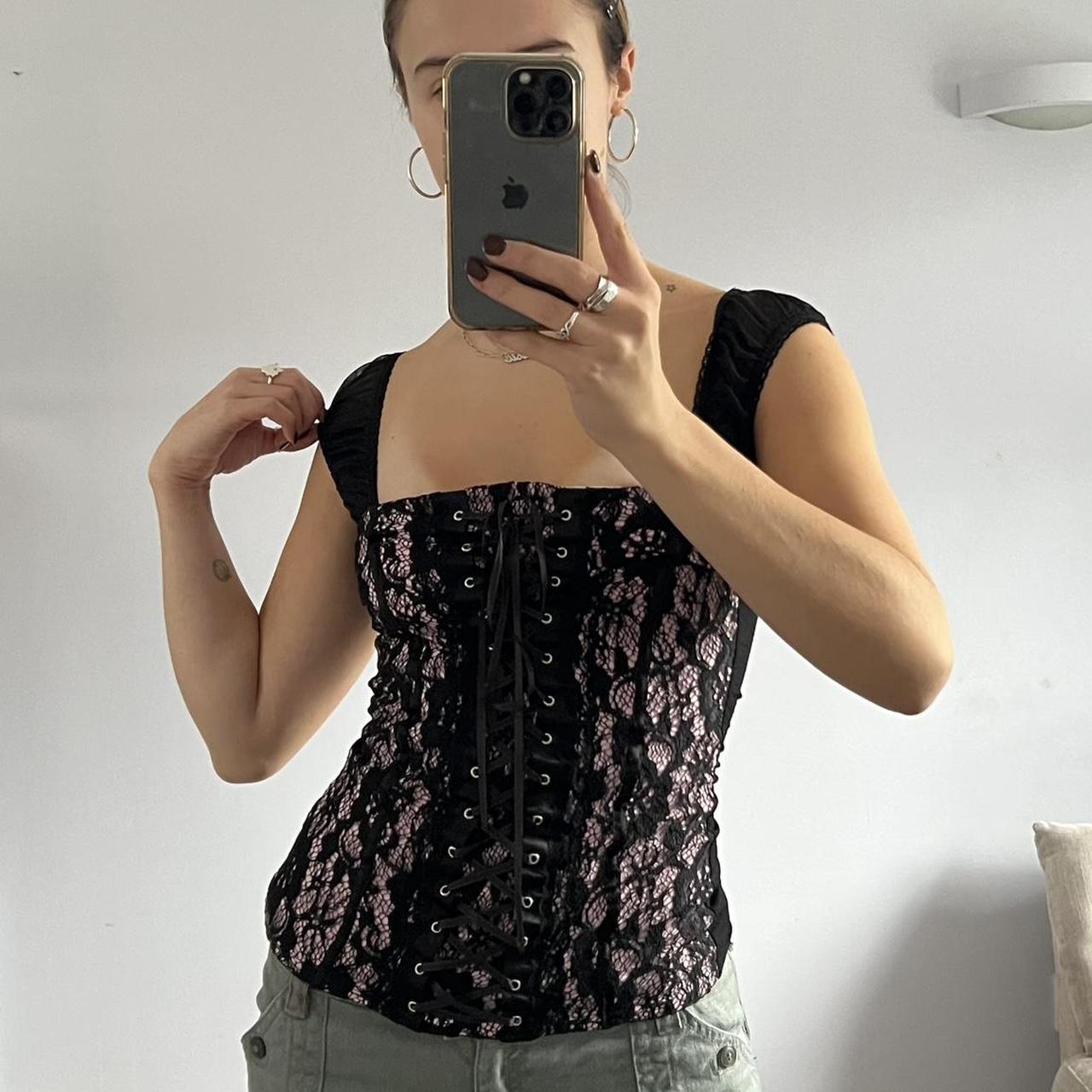 Jane Norman pink and black lace tie up corset top,... - Depop
