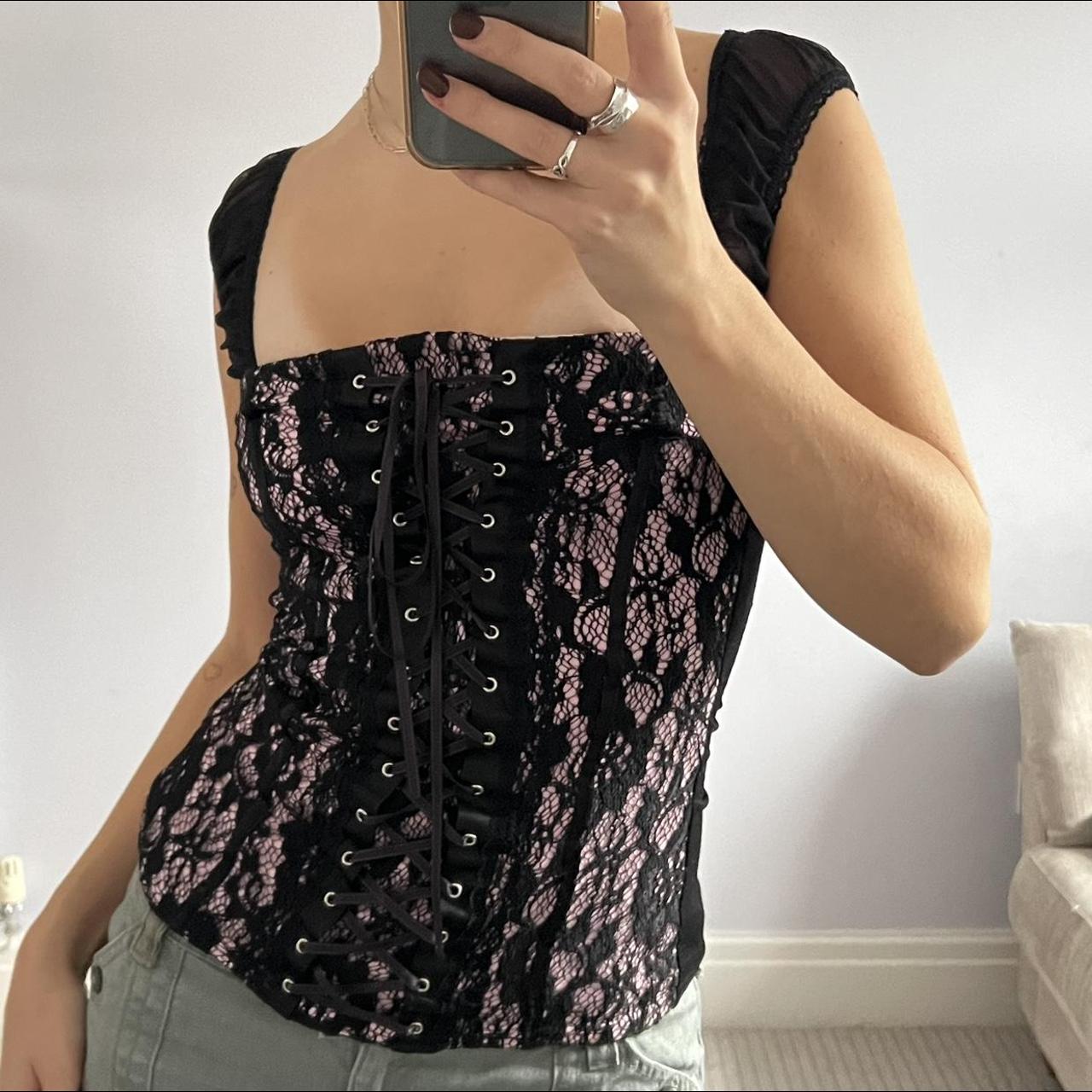 Jane Norman pink and black lace tie up corset top,... - Depop