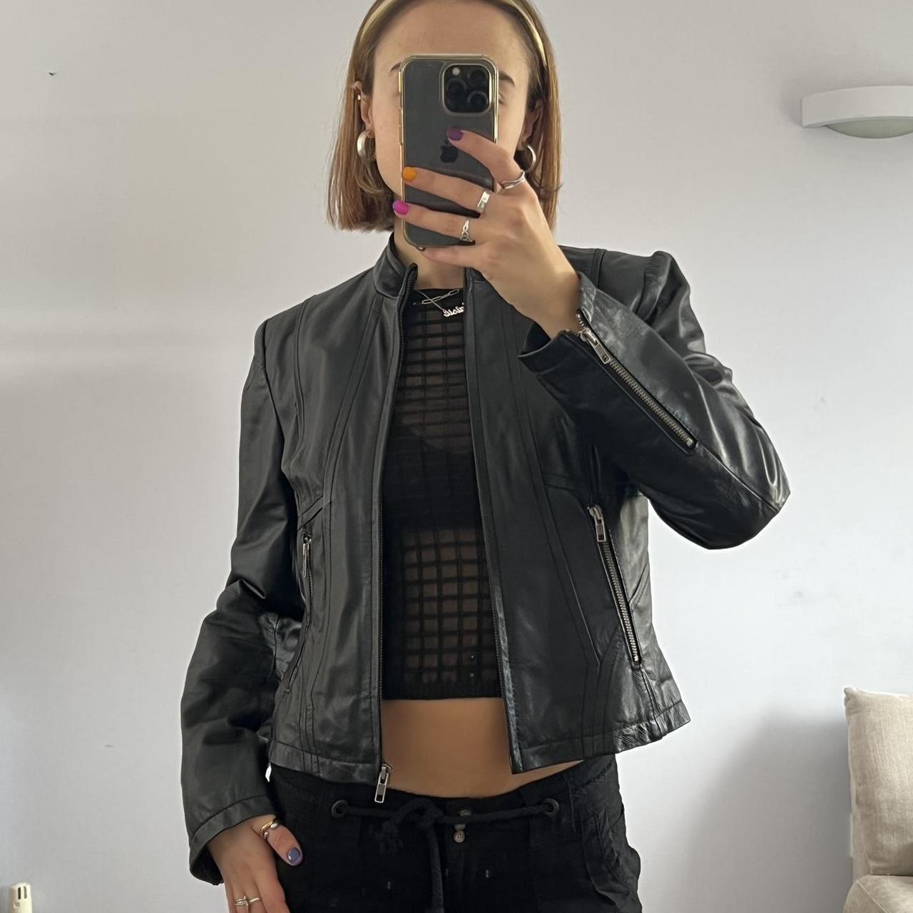real leather y2k 00s zip up black fitted jacket,... - Depop