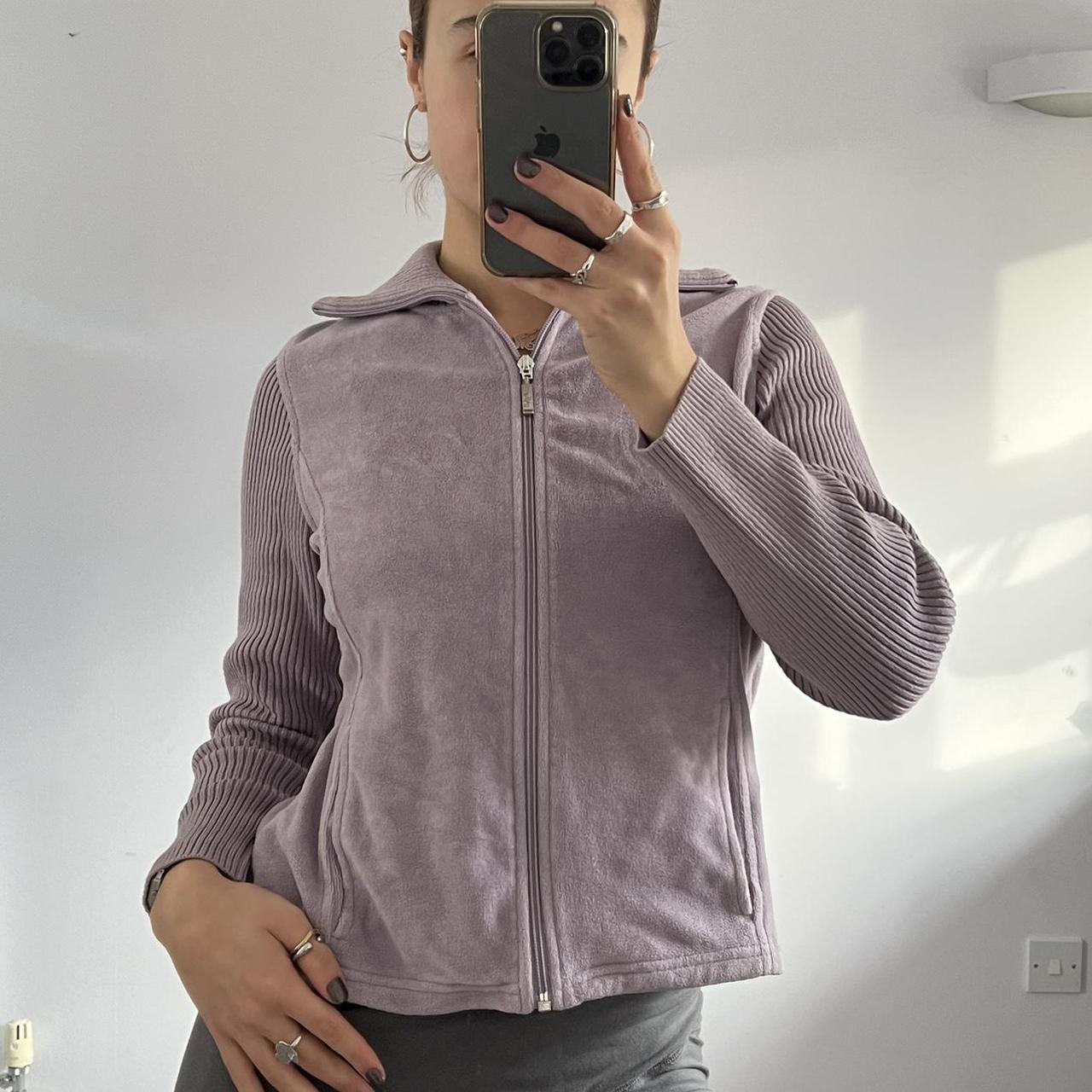 purple lilac zip up y2k 00s fleece with knitted... - Depop