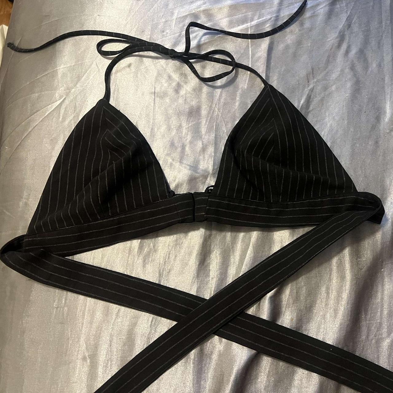 Black and grey striped triangle top with wrap around... | Depop