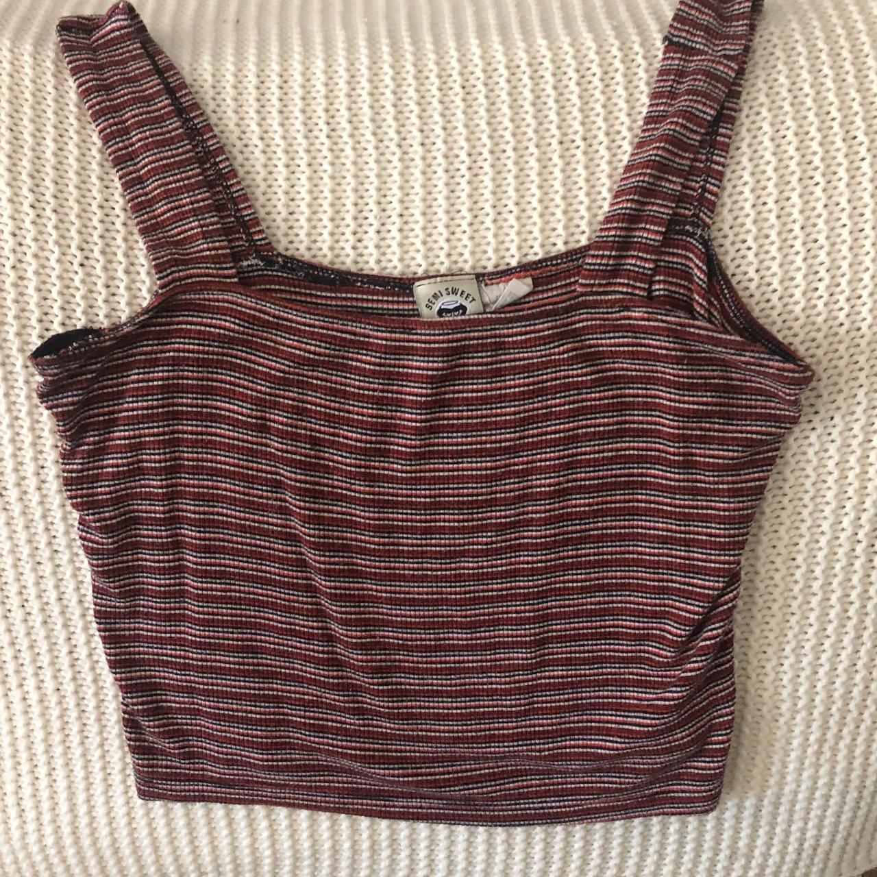 Red black and white striped cropped tank top. XL... - Depop