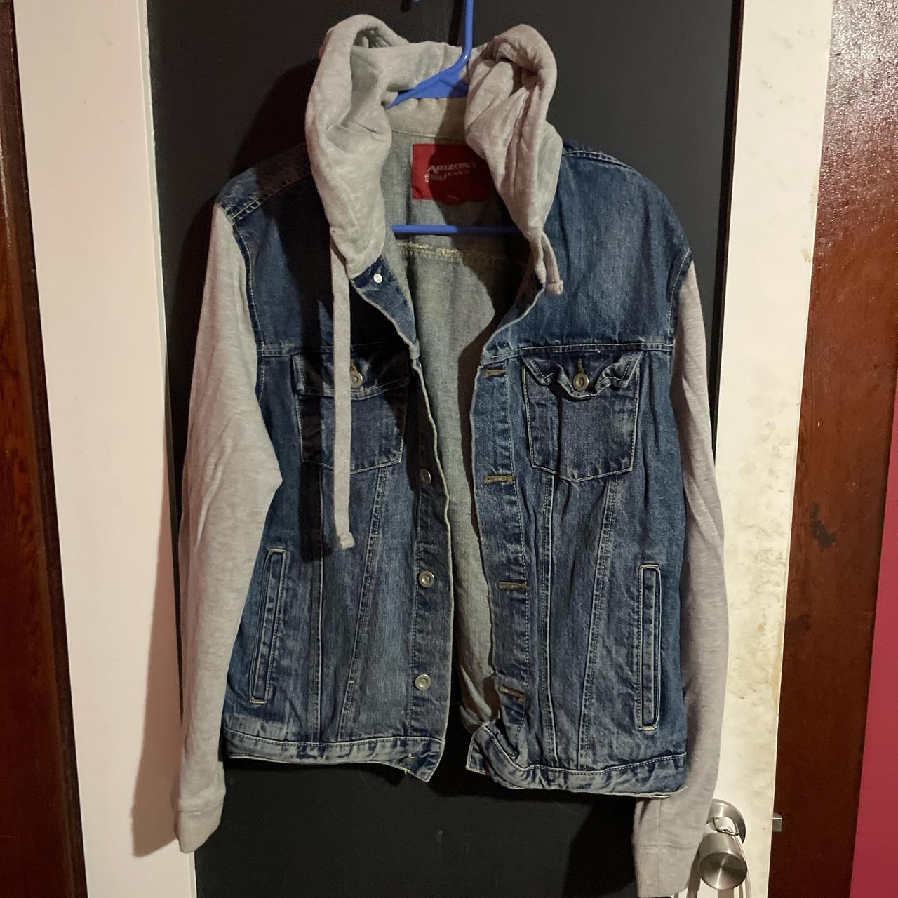 Blue and grey denim jacket with hood - Depop