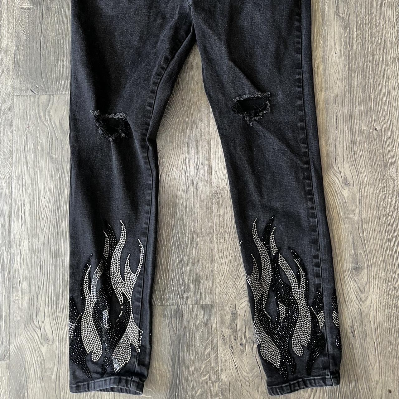 Guapi Balck and Silver Flame Rhinestone Embroidered... - Depop