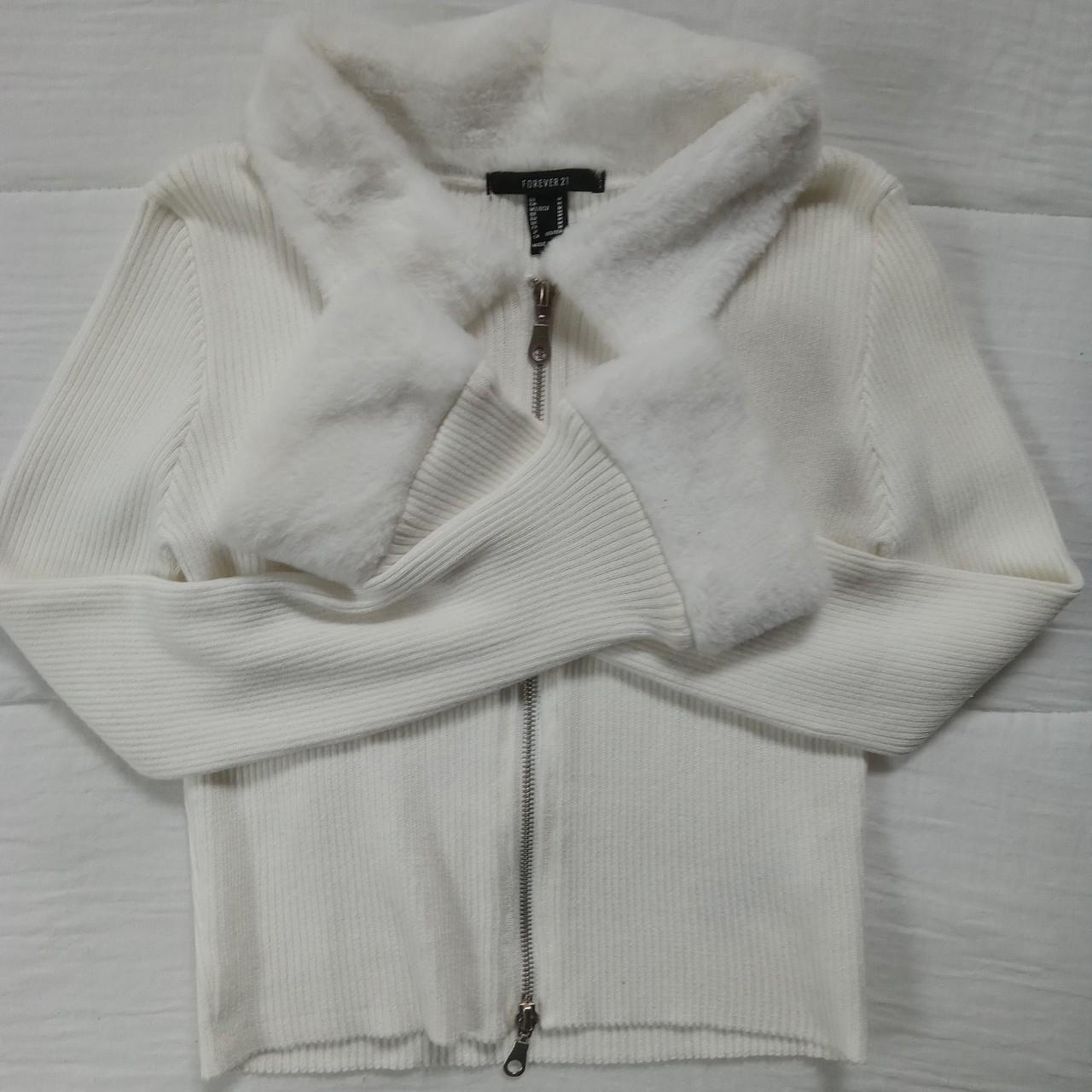 Zip Up White Fur Faux Sweater US Size Medium (runs... - Depop
