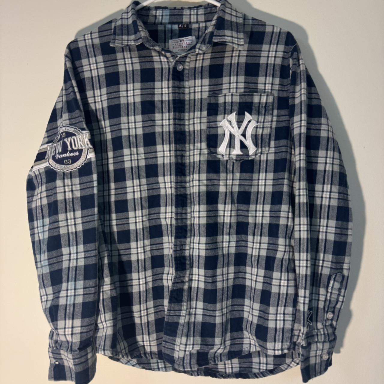 Navy and white New York Yankees flannel button-up... - Depop