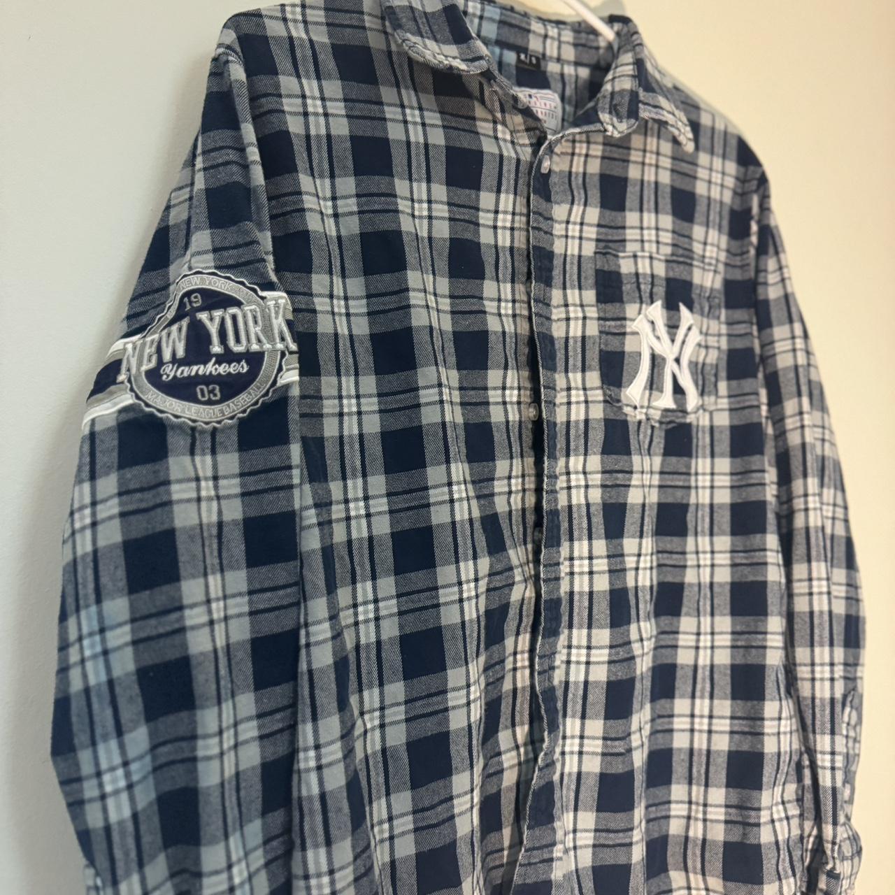Navy and white New York Yankees flannel button-up... - Depop