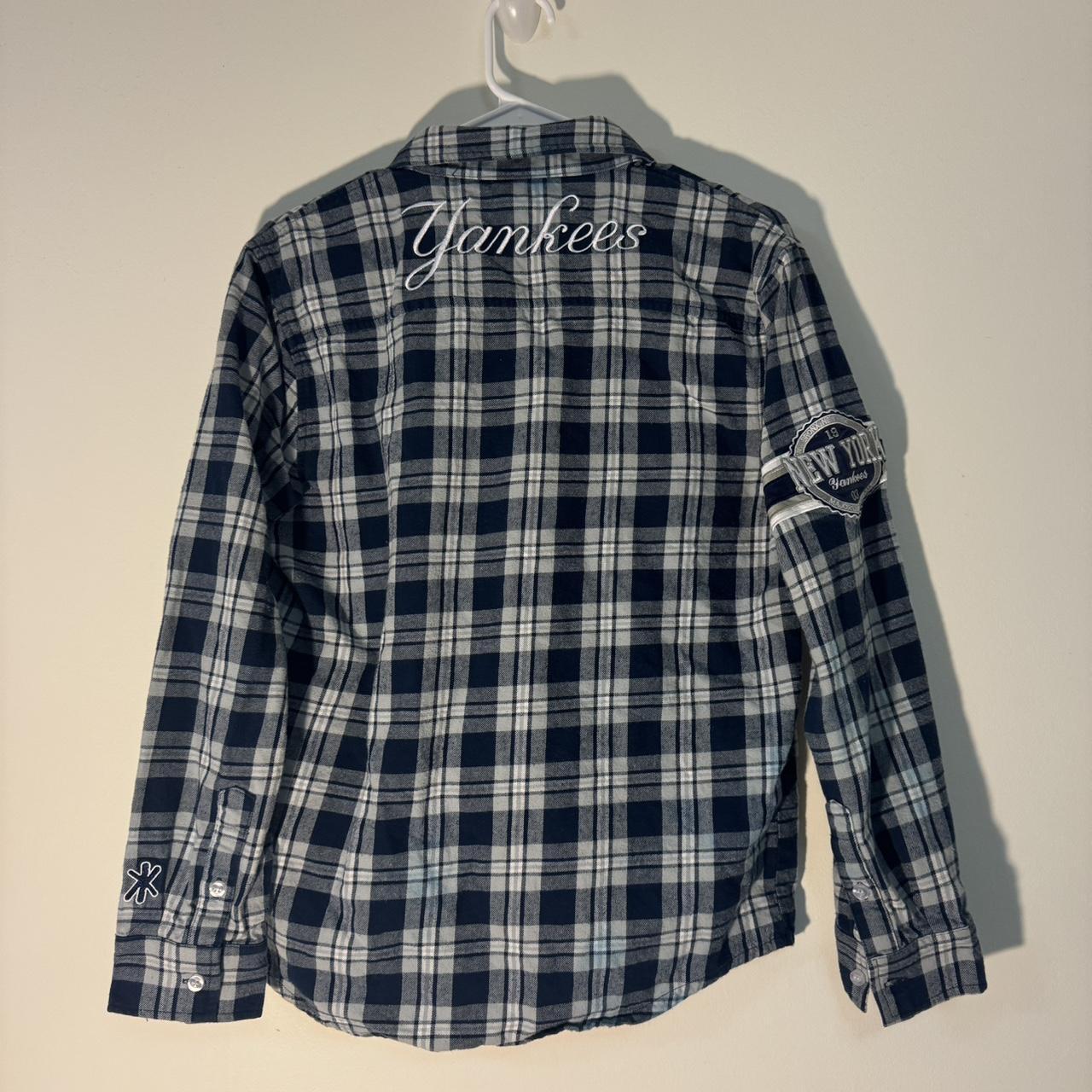 Navy and white New York Yankees flannel button-up... - Depop