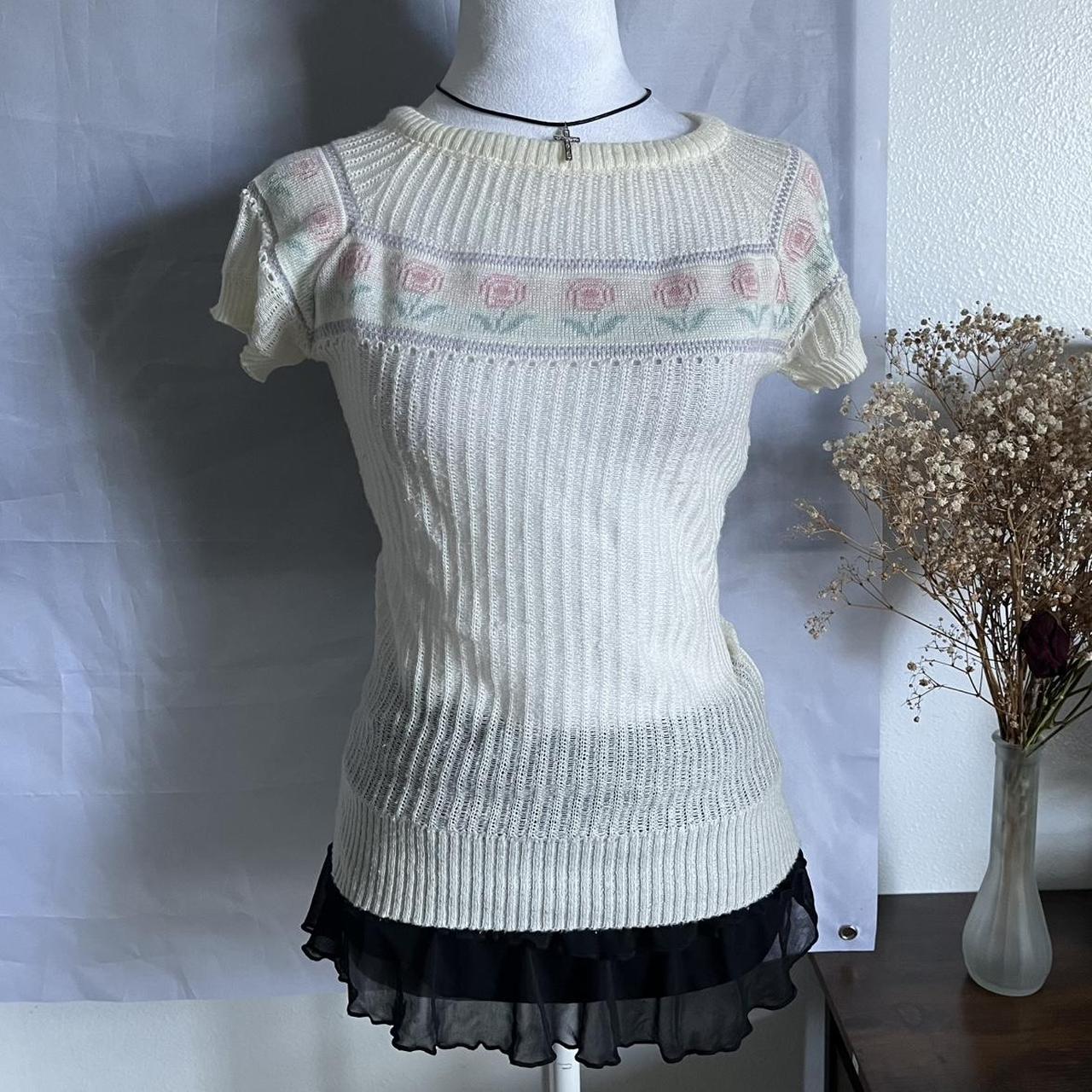 Vintage 90s Kenneth Too! Cream and pink floral knit... | Depop