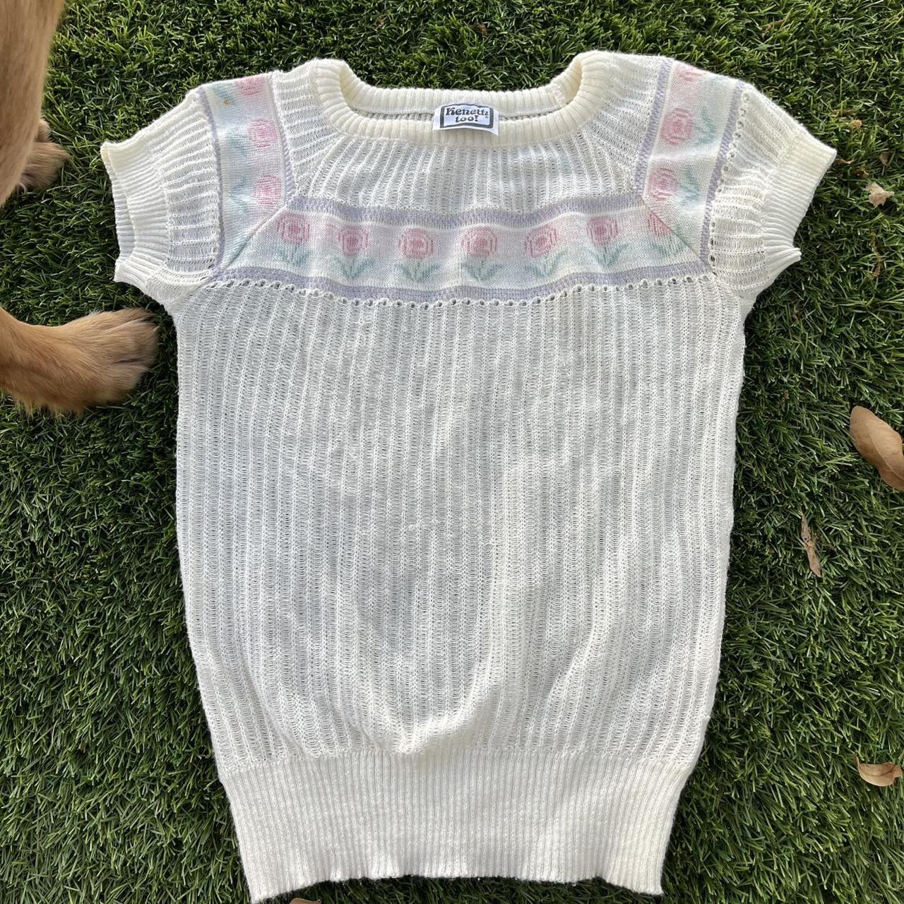 Vintage 90s Kenneth Too! Cream and pink floral knit... | Depop