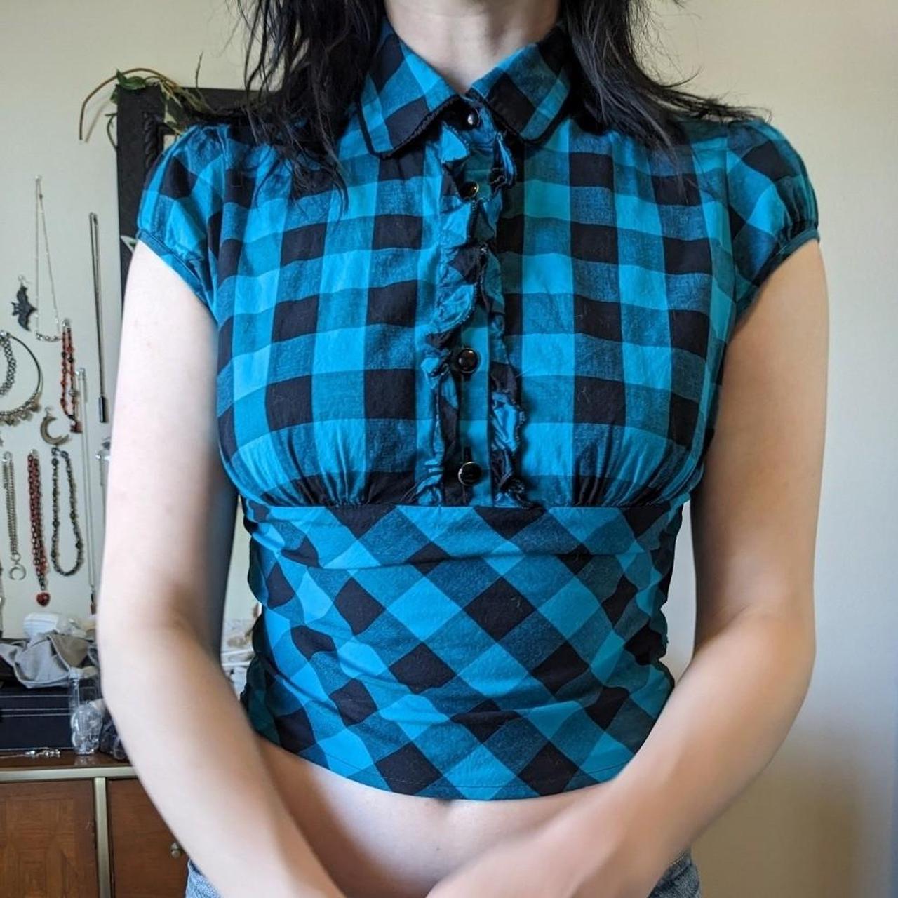 Emo Mall Goth Y2K Blue and Black Plaid Top #mallgoth... - Depop