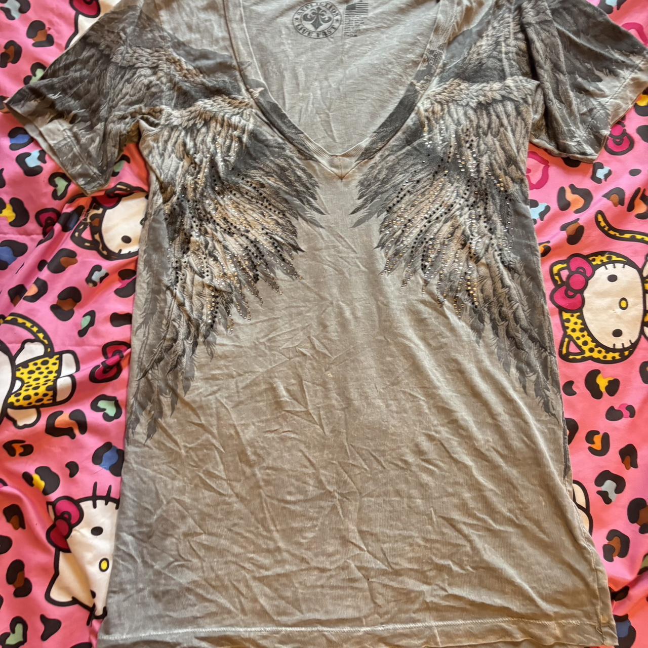 Grey and black affliction angel wings graphic tee... - Depop