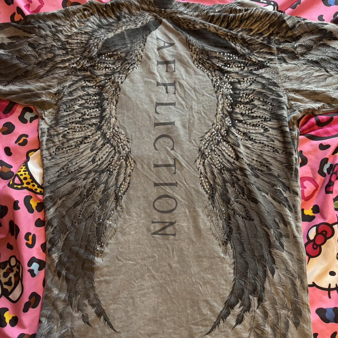 Grey and black affliction angel wings graphic tee... - Depop