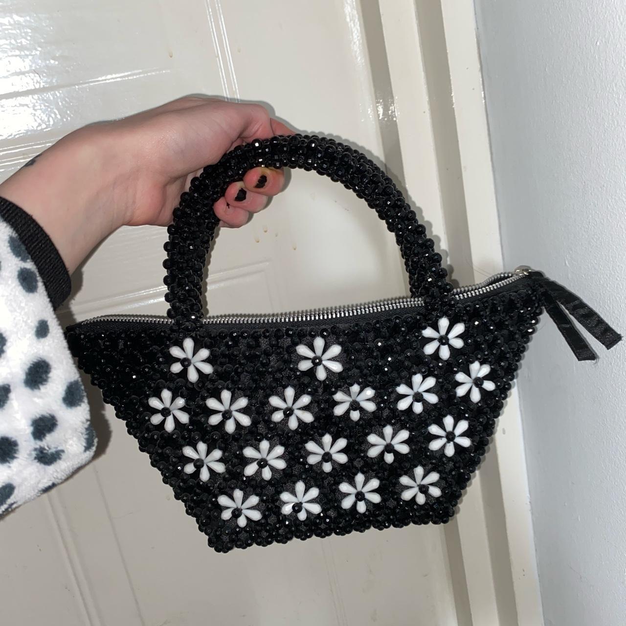 Missguided beaded black and white flower zip up bag.... - Depop
