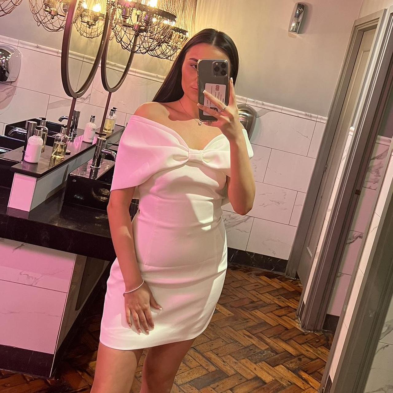 Meshki Off the Shoulder Bow Mini Dress - White Worn... - Depop