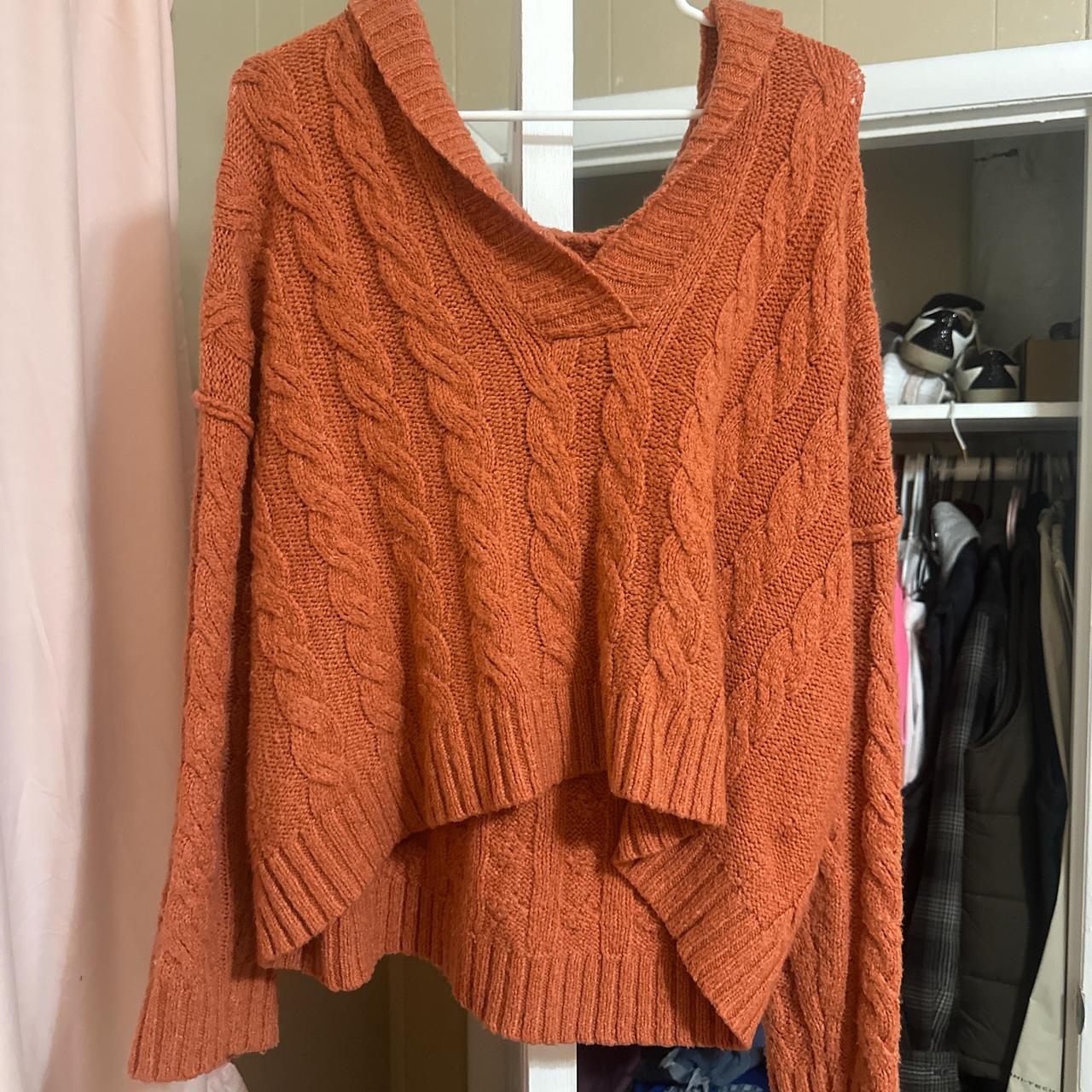 Burnt orange cable knit sweater with a hoodie #orange - Depop