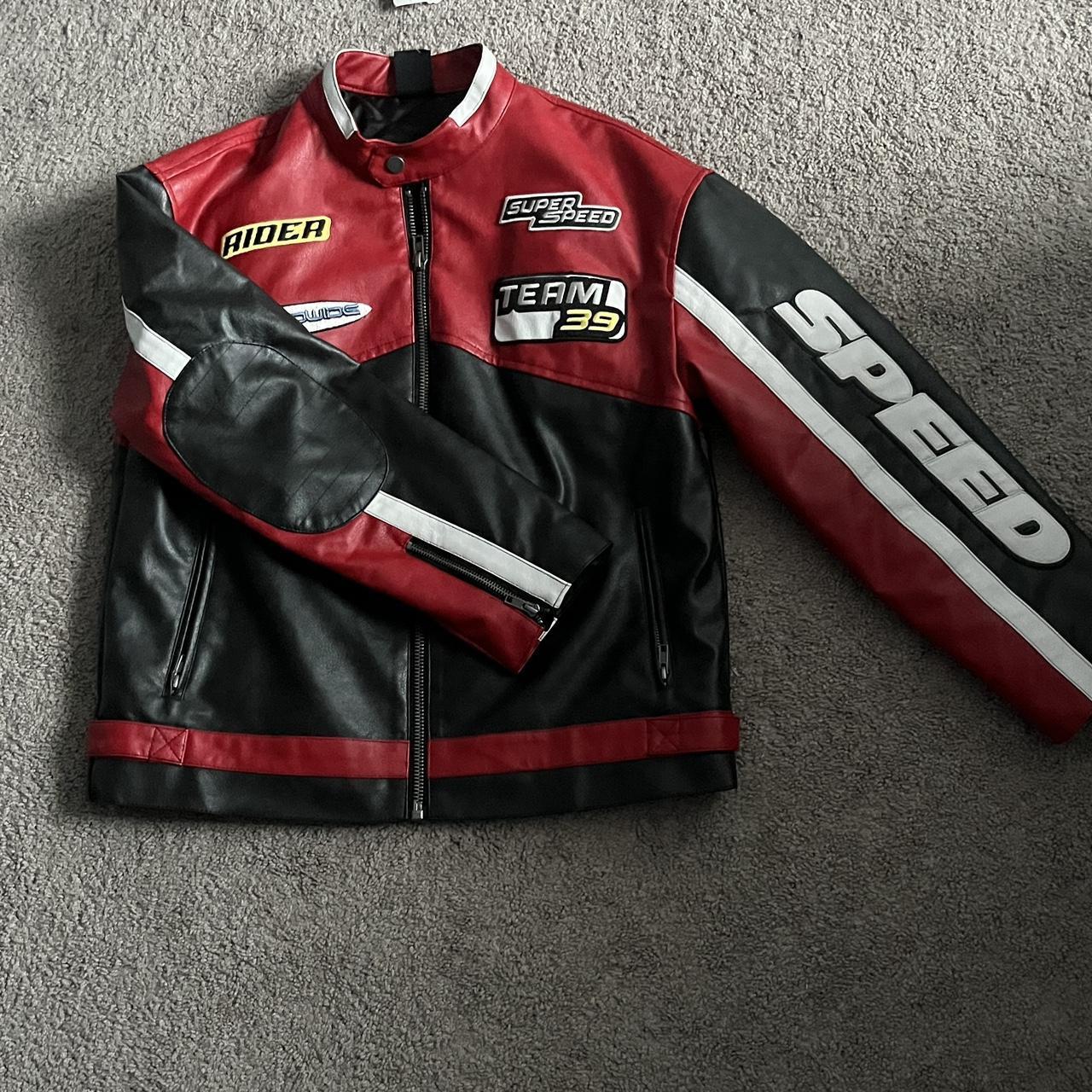 Black and red leather racing jacket #motorsport | Depop