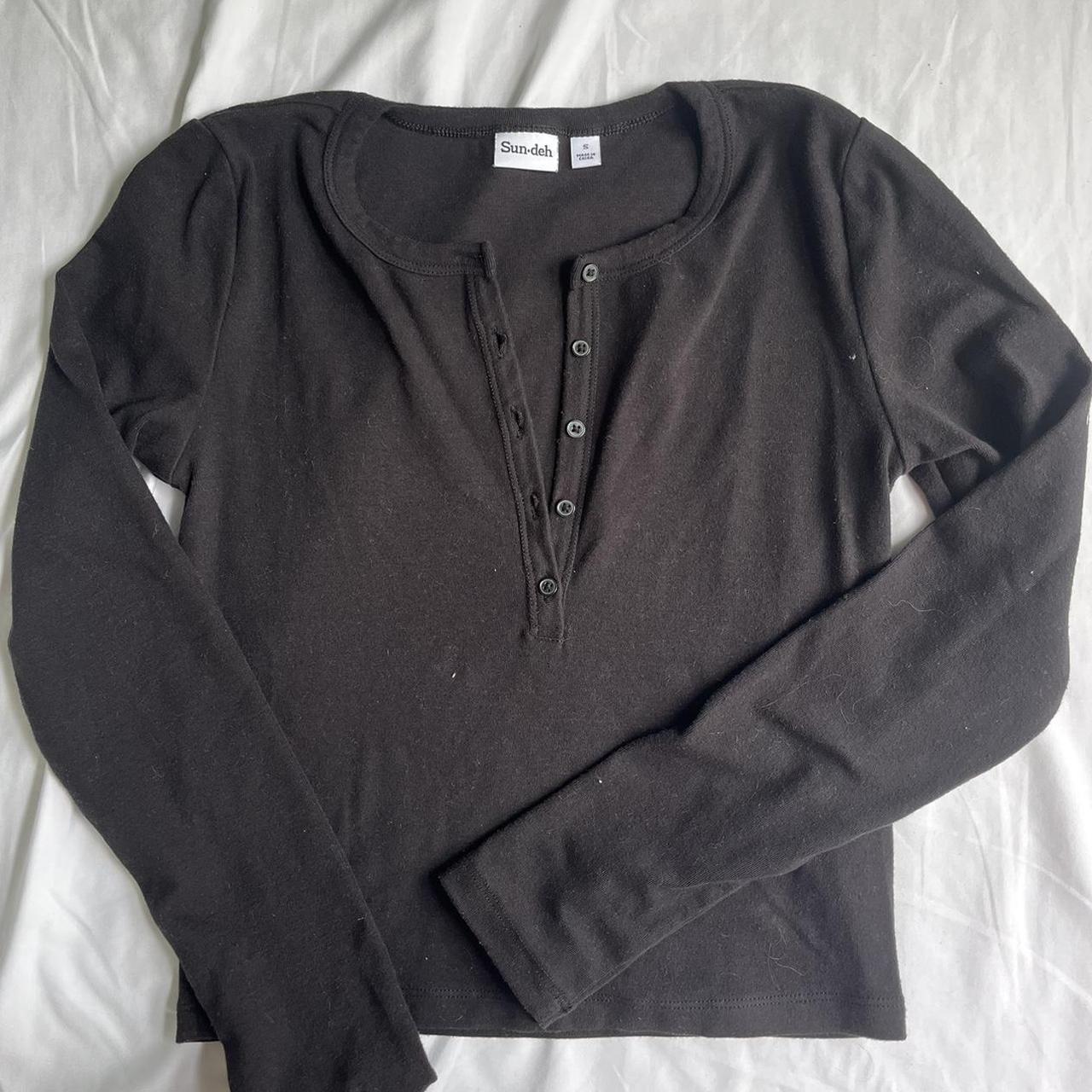 Aritzia Sun•Deh Black long sleeve henley top Size S - Depop