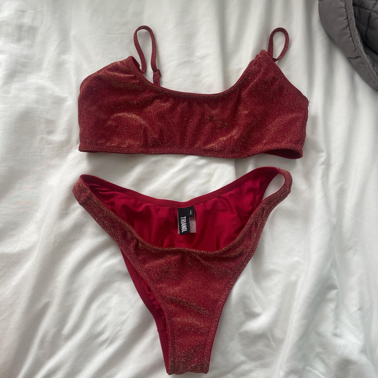 Triangl red bikini. Gold sparkles. Top is XL,... - Depop