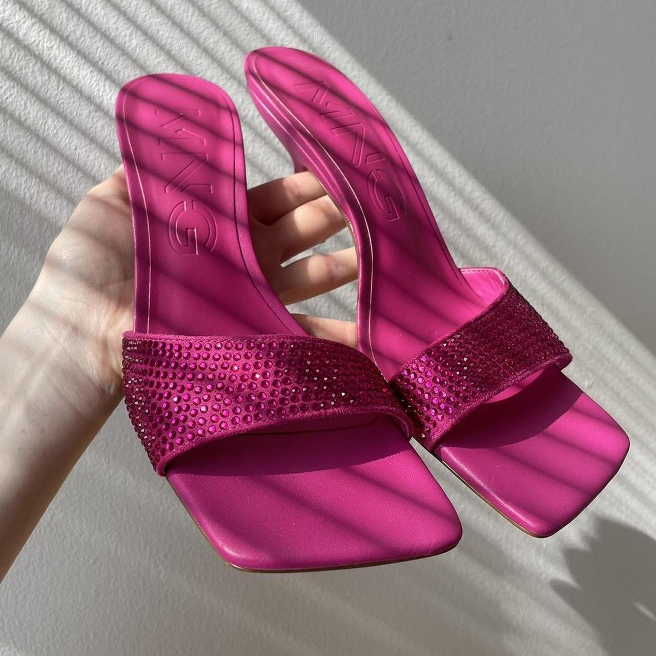 MANGO hot pink rhinestone mule sandals with kitten... - Depop