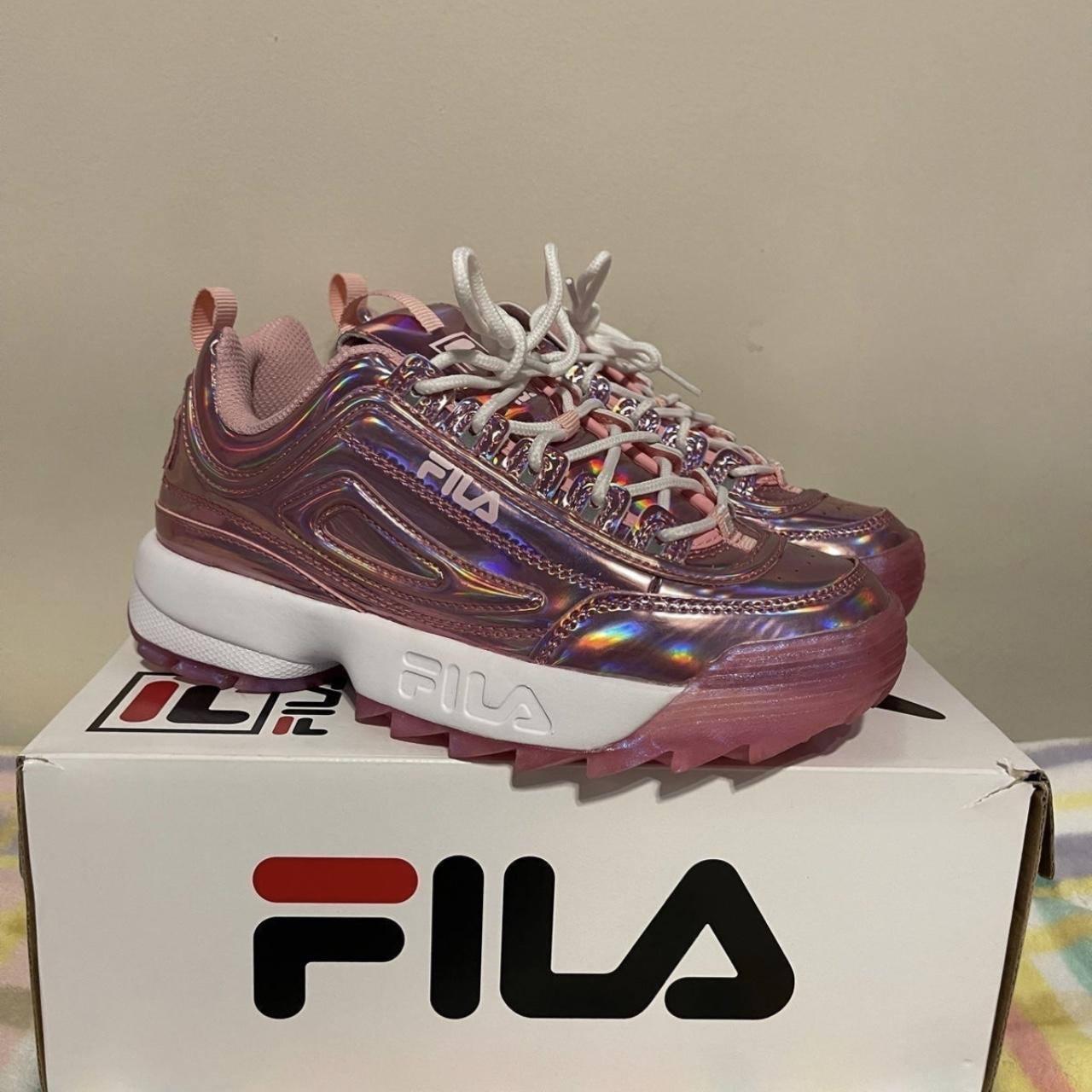 Kids 5 Womens 6 reflective/holographic pink Fila’s!... - Depop