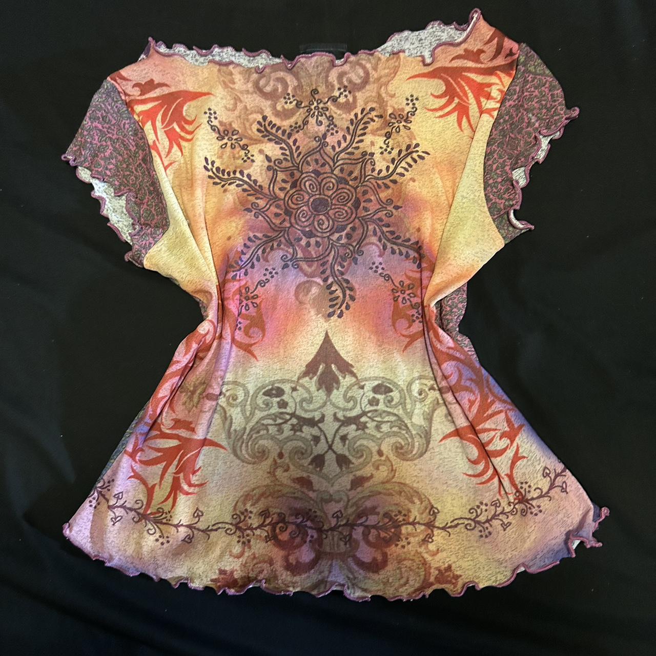 Super cute 2000s mesh top with a floral sunset... - Depop