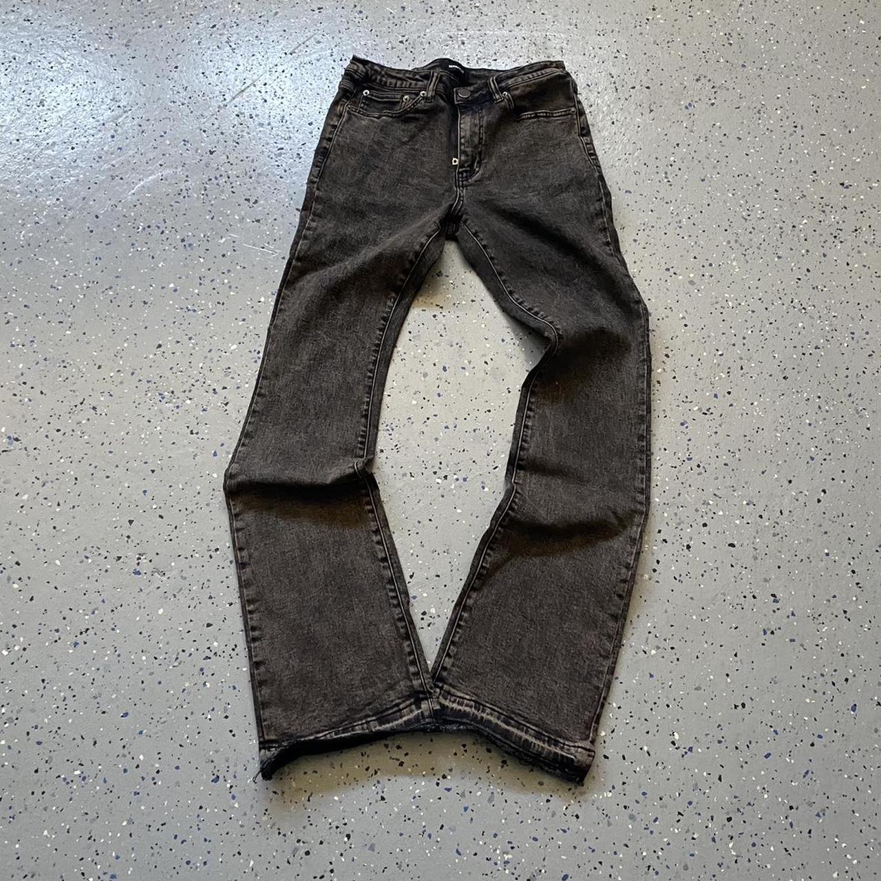 Dark brown skinny, stacked, flared leg jeans - great... - Depop