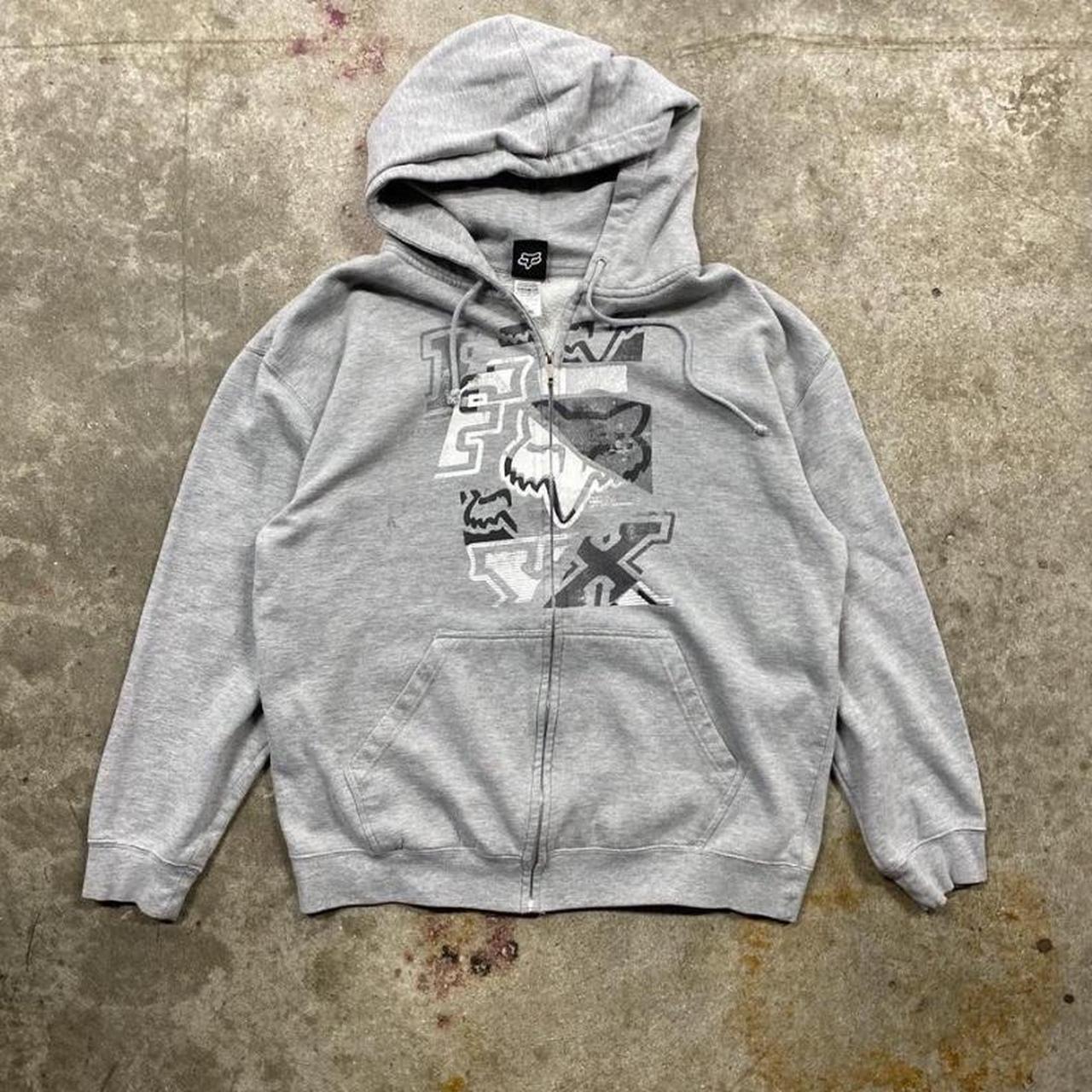 Fox Racing grey and white zip up hoodie - Depop