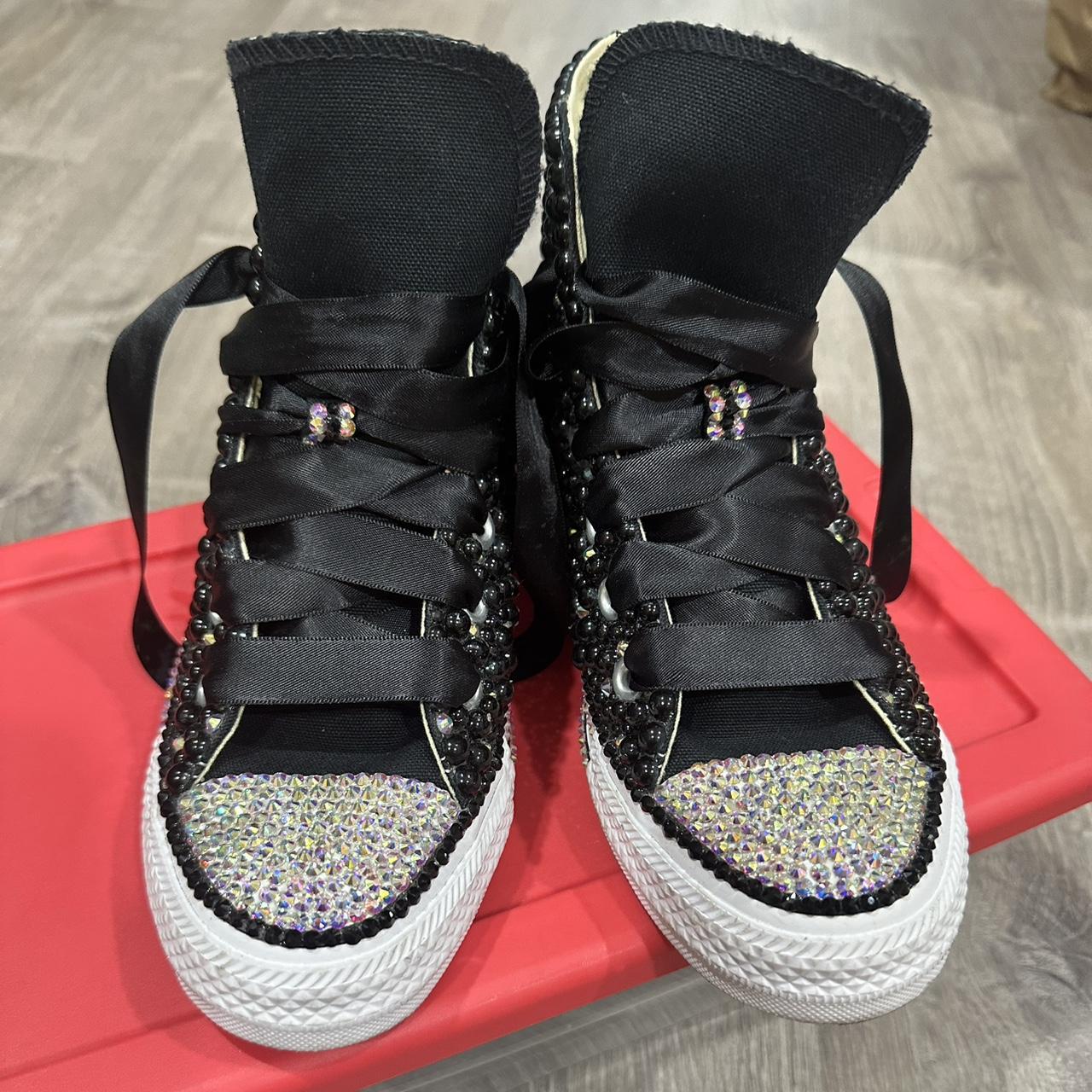 Black and silver CUSTOM rhinestone high-top Converse... - Depop