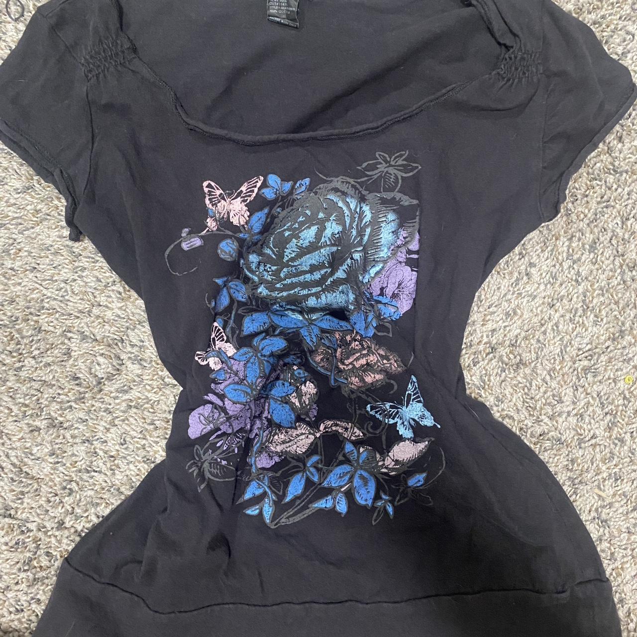 Black and blue butterfly top off the shoulder size... | Depop