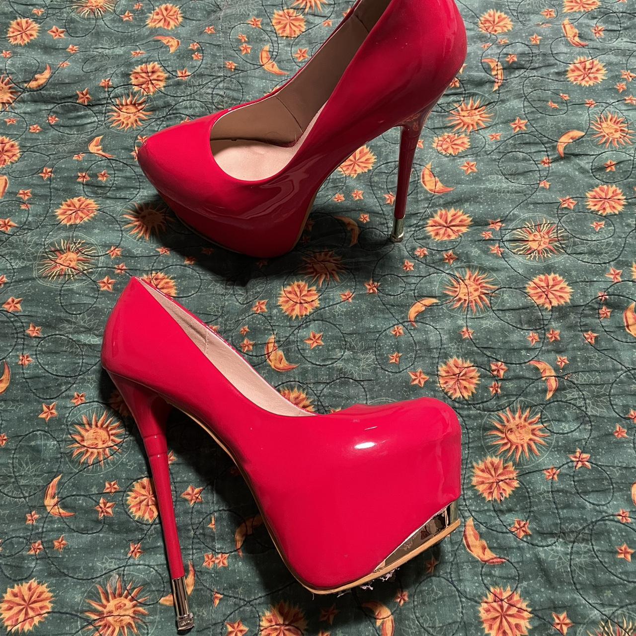 Red high heel pleaser pumps with gold accent - Depop