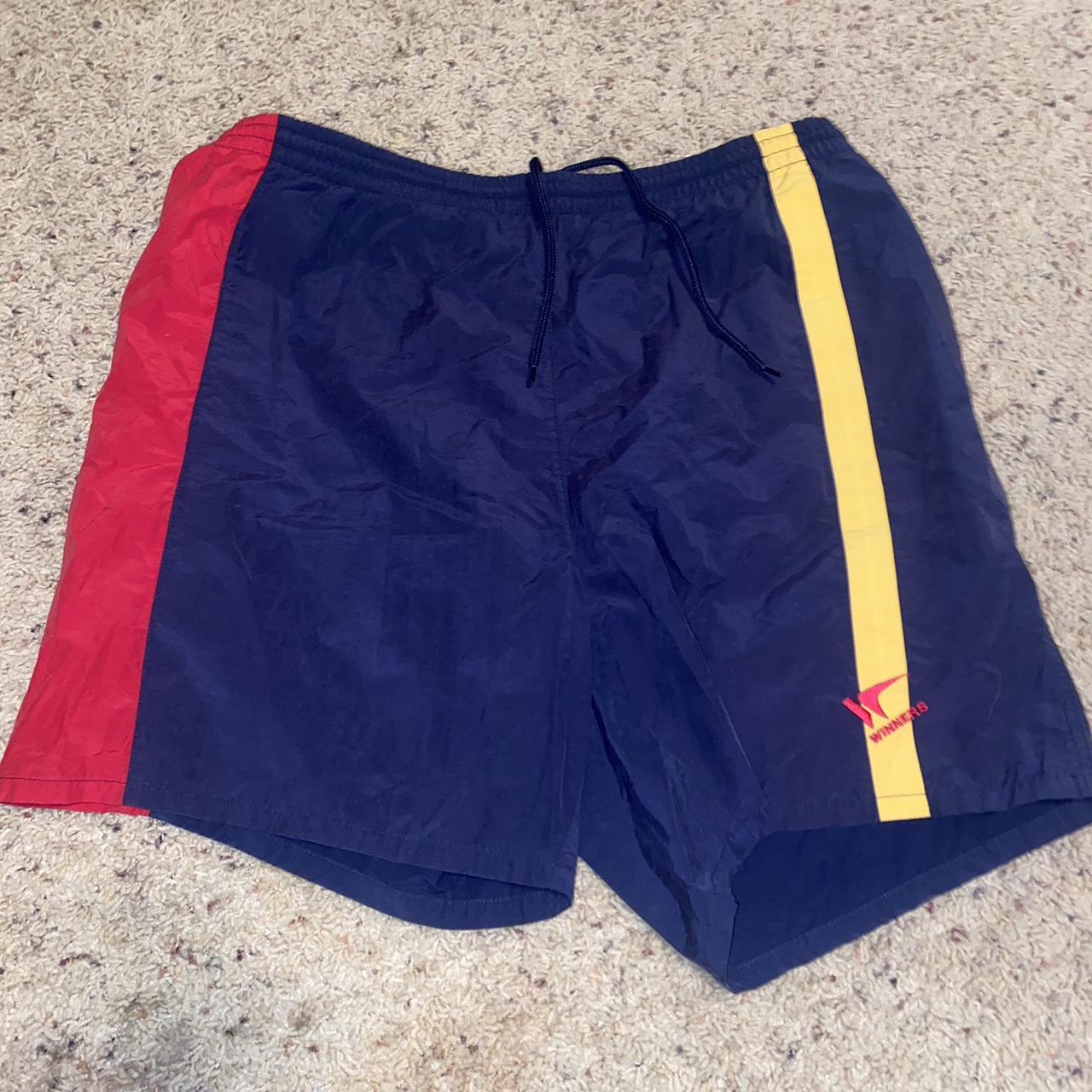 cool multi color 90s style swim suit/shorts - Depop