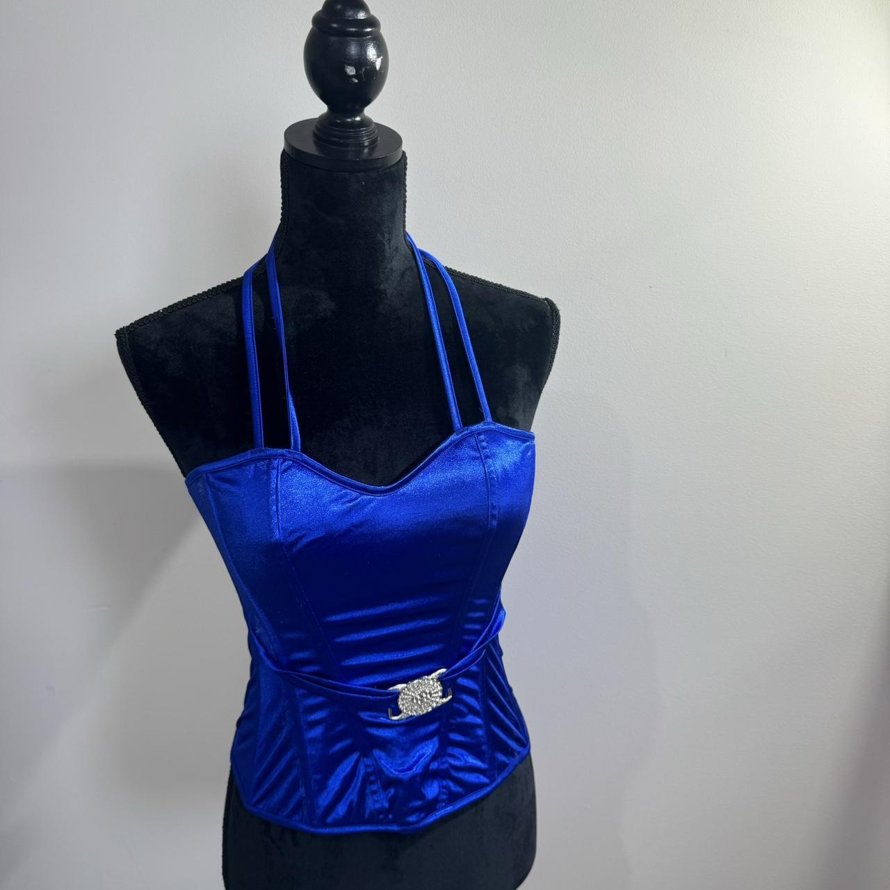 Blue corset top with rhinestone buckle design bit of... - Depop