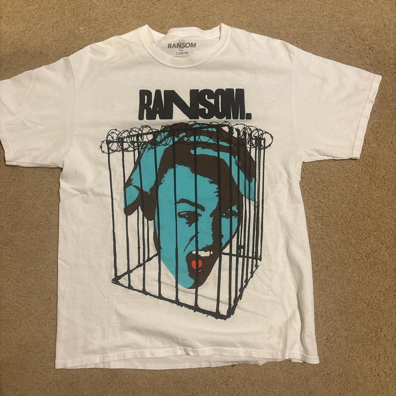 Ransom white tee with bold blue and black graphics... | Depop