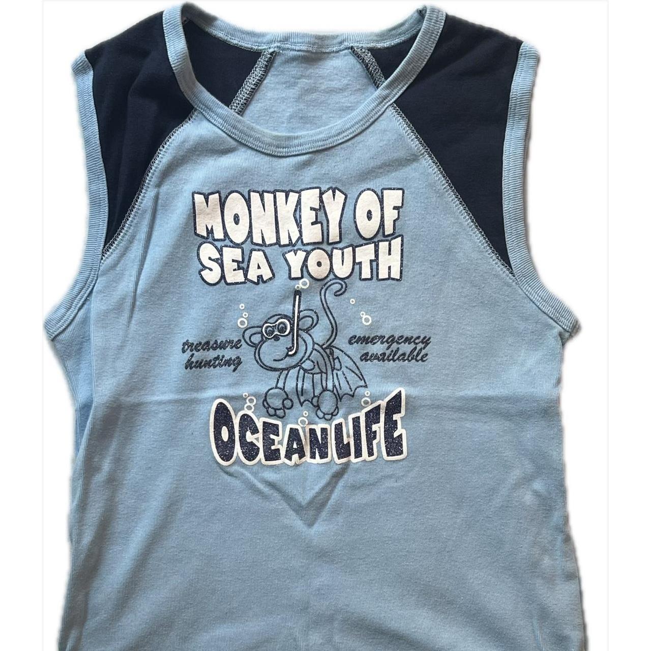 monkey graphic baby tee - blue and navy 🐬🌀 💌 slight... - Depop