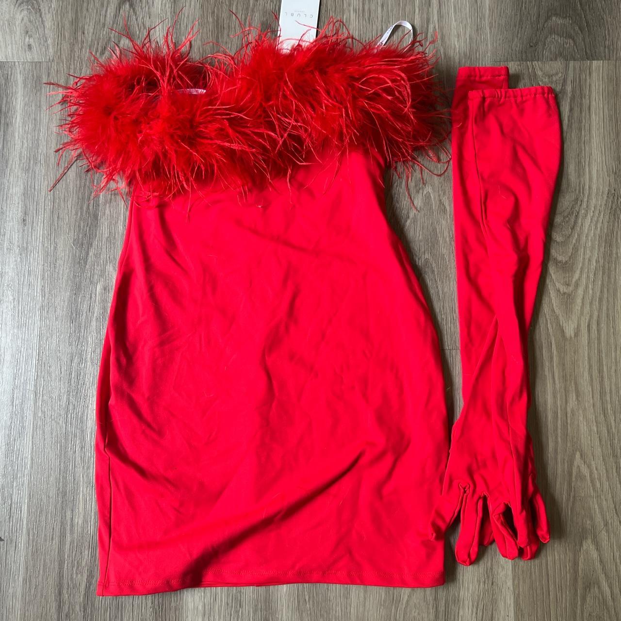 Club London red feathered strapless dress with... - Depop