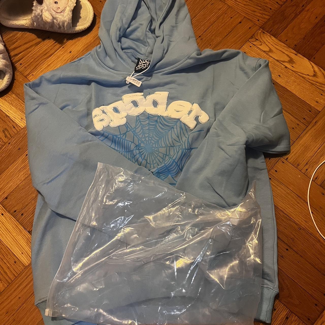 medium blue sp5der hoodie rhinestones - Depop