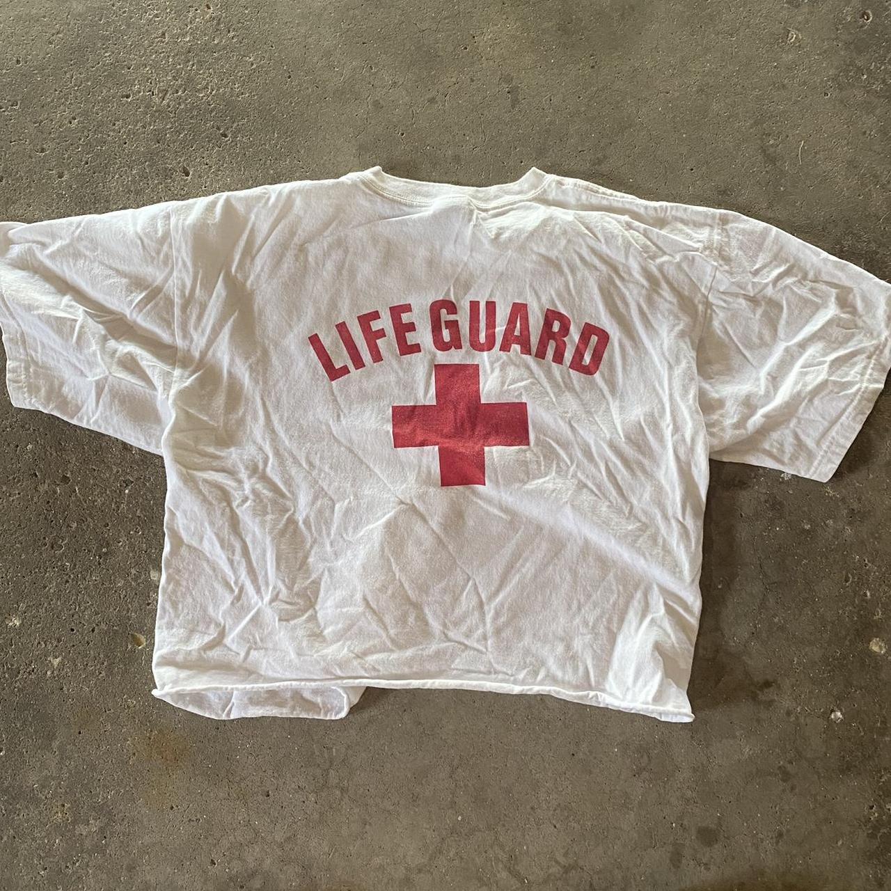 White and red life guard tee on anvil tag #y2k... - Depop