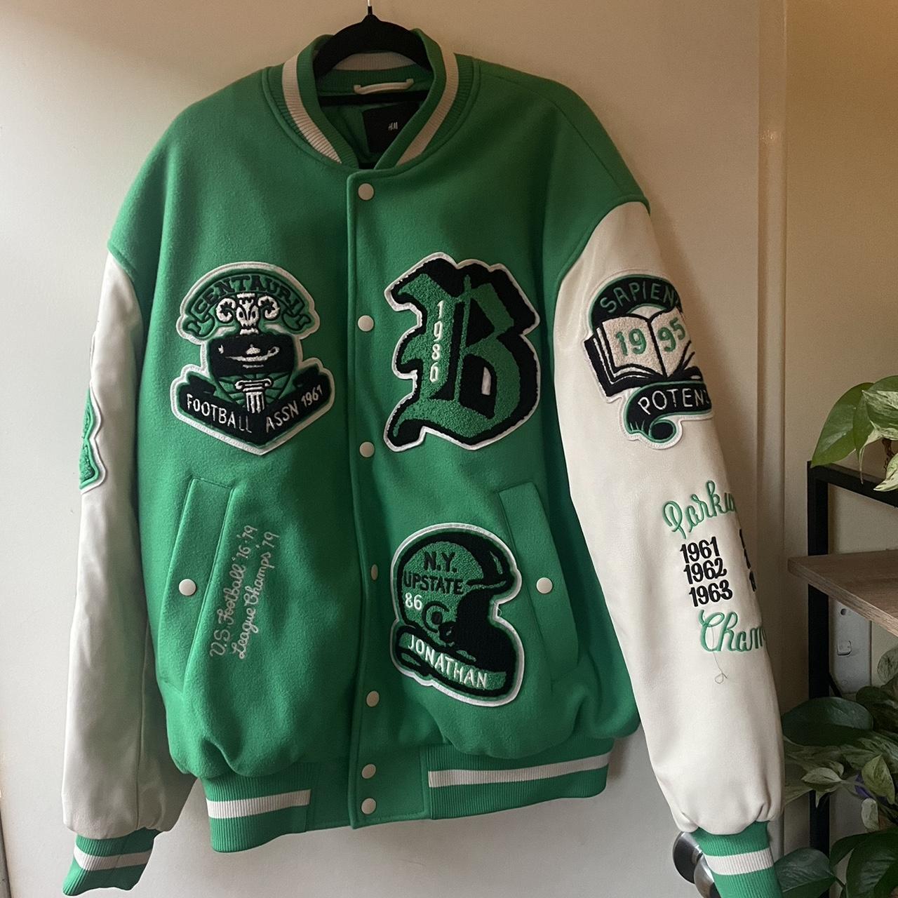 H&M green and white varsity jacket #hm #h&m - Depop
