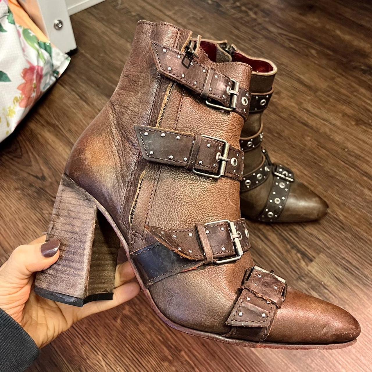 Freebird Brown leather ankle boots with silver studs... - Depop