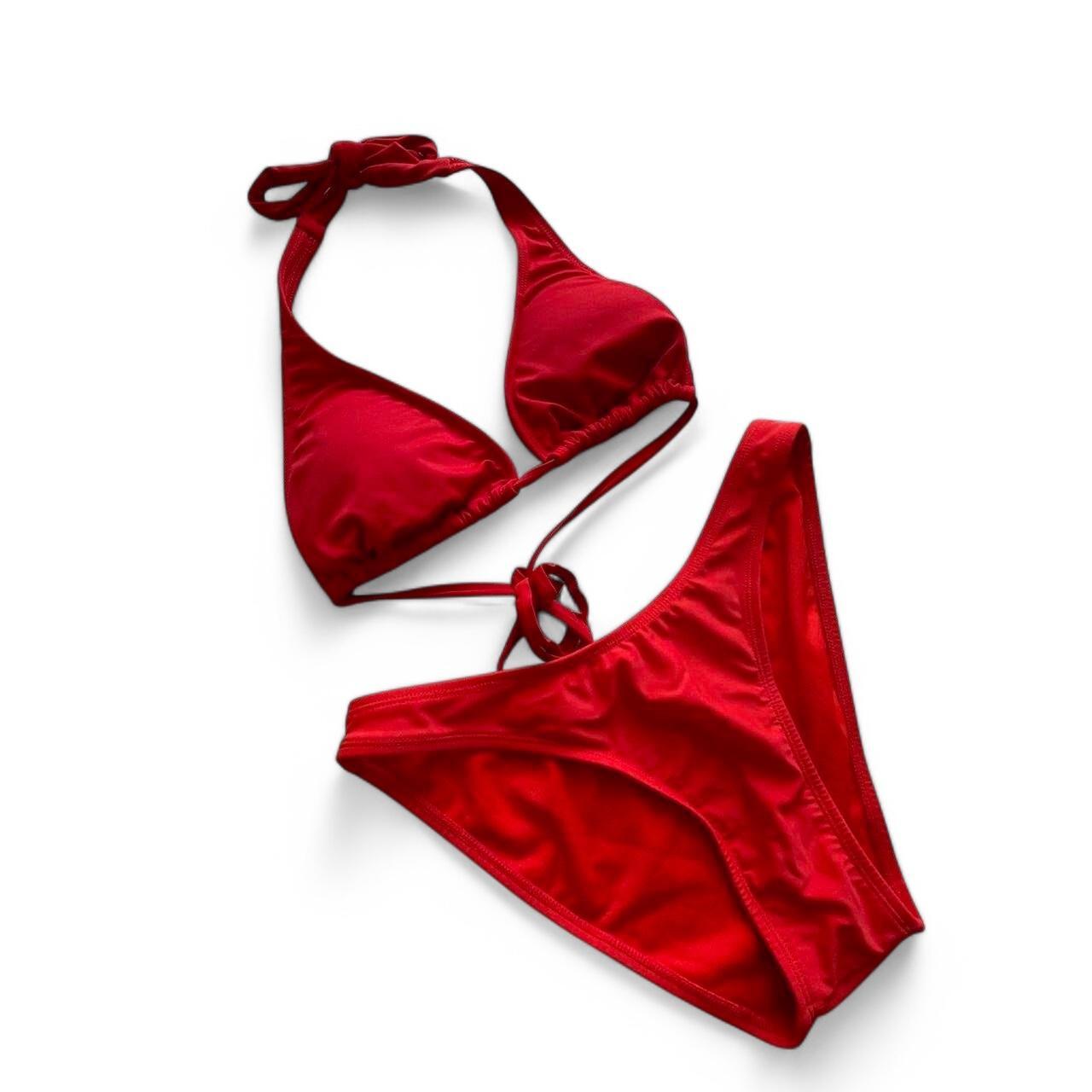 Red bikini set with adjustable halter top and cheeky... | Depop