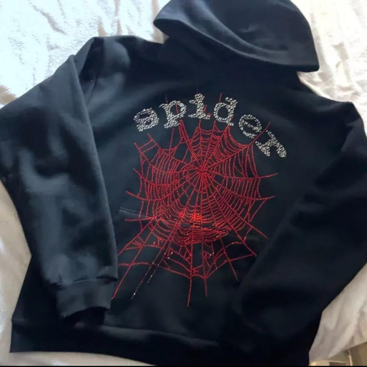 SP5DER HOODIE BLACK AND RED RHINESTONE - Depop