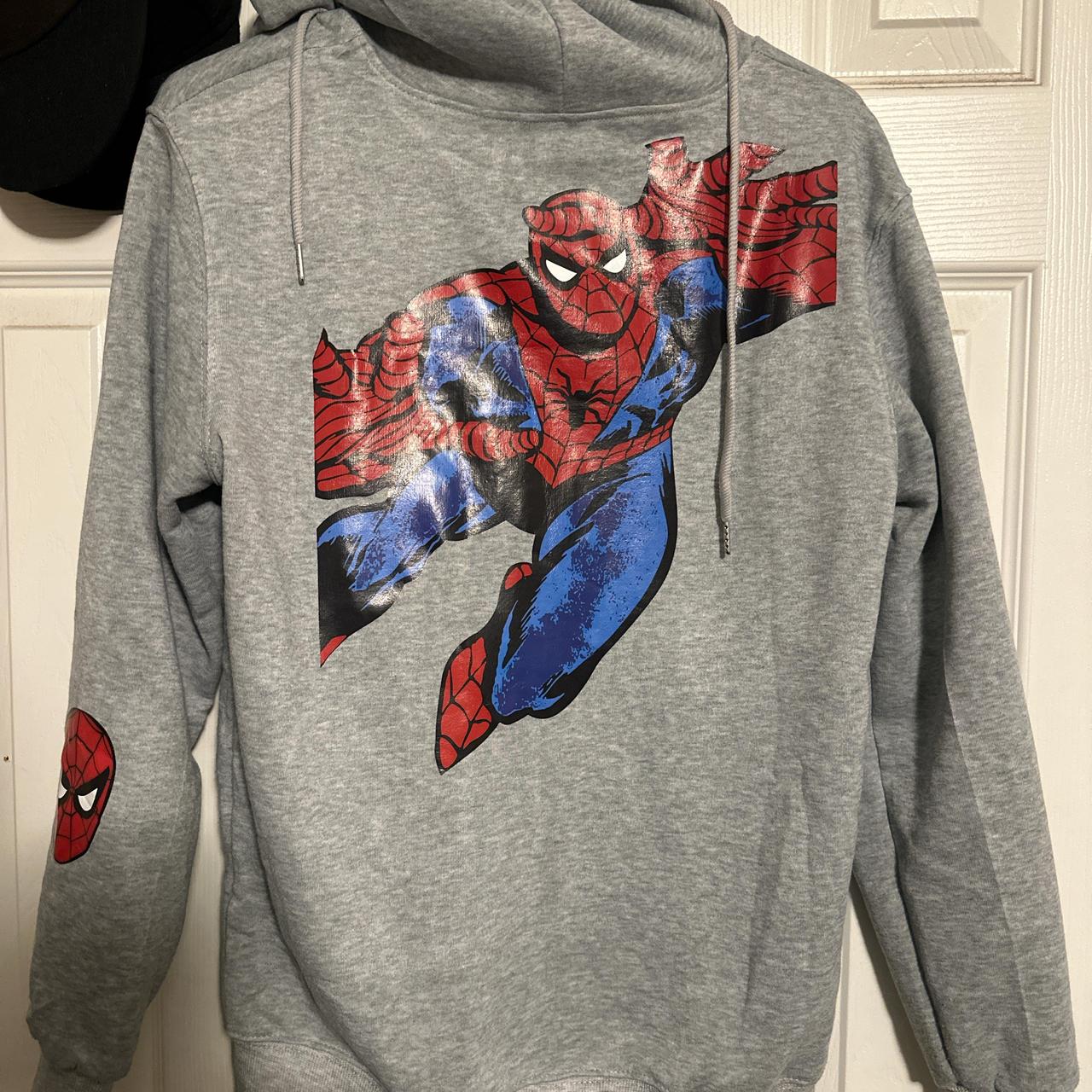 Grey Marvel zip up hoodie with Spiderman sleeves... - Depop