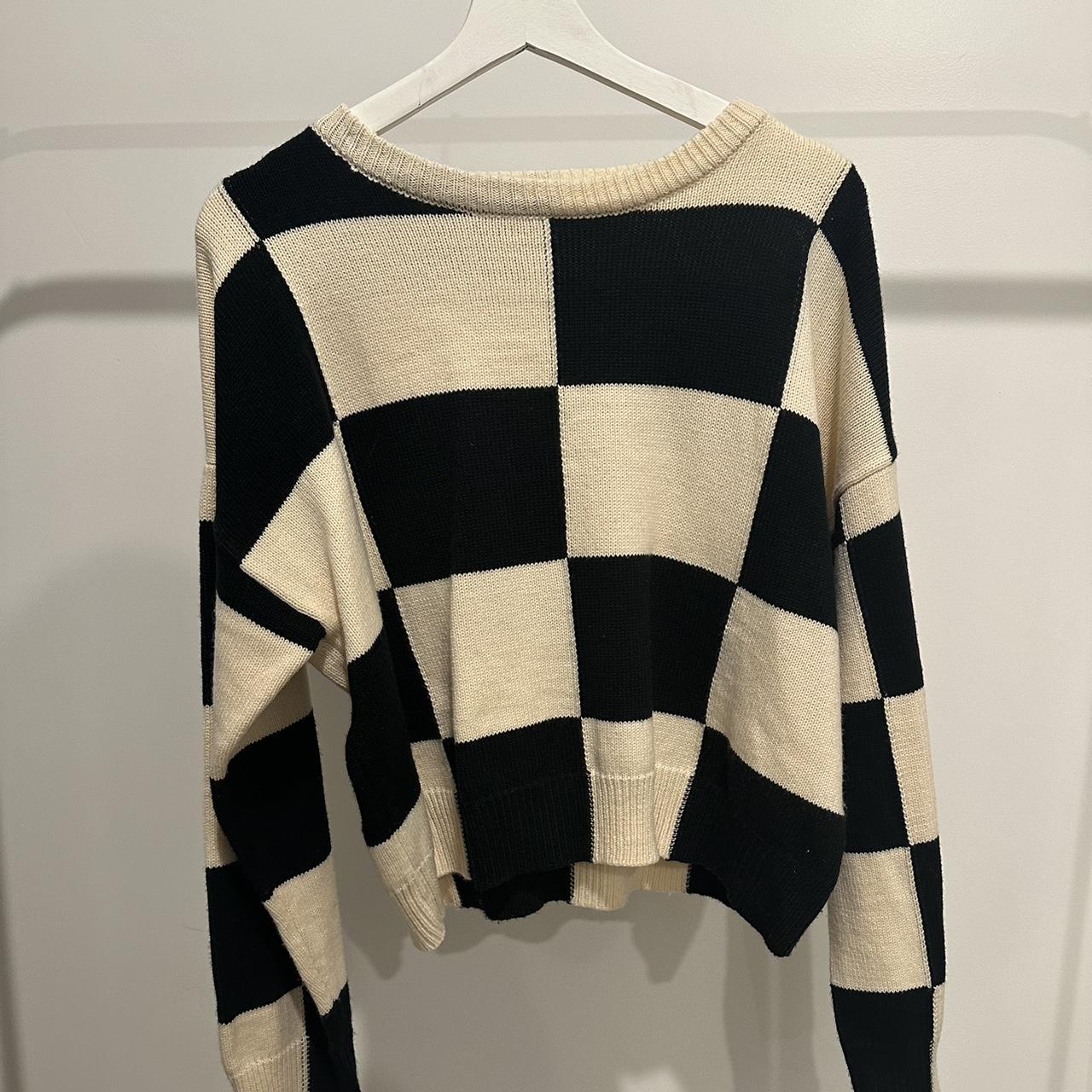 Vestique Black and White Checker Knit Sweater -... - Depop