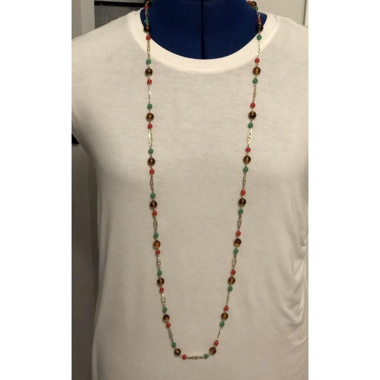 Vintage Gold Tone Amber Green and Orange Beaded Long... - Depop
