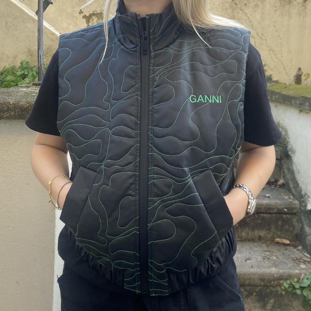 Ganni Women's Black and Green Gilet | Depop
