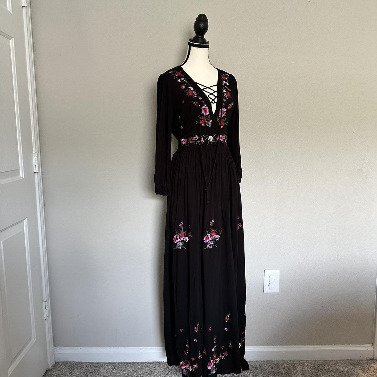 earthbound trading co black floral embroidered maxi... - Depop